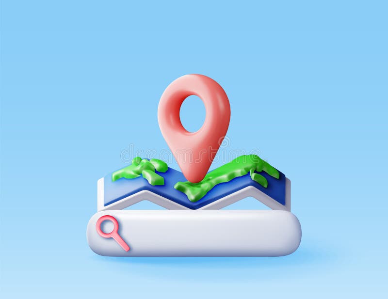 3D Location Folded Paper Map, Search Bar and Pin Stock Illustration ...
