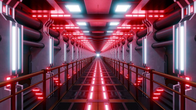3D Loop of Futuristic Illuminated Elevated Walkway and Pipes in Factory ...