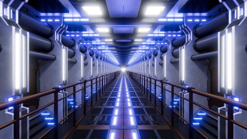 3D Loop of Futuristic Illuminated Elevated Walkway and Pipes in Factory ...