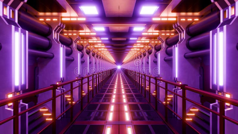 3D Loop of Futuristic Illuminated Elevated Walkway and Pipes in Factory ...