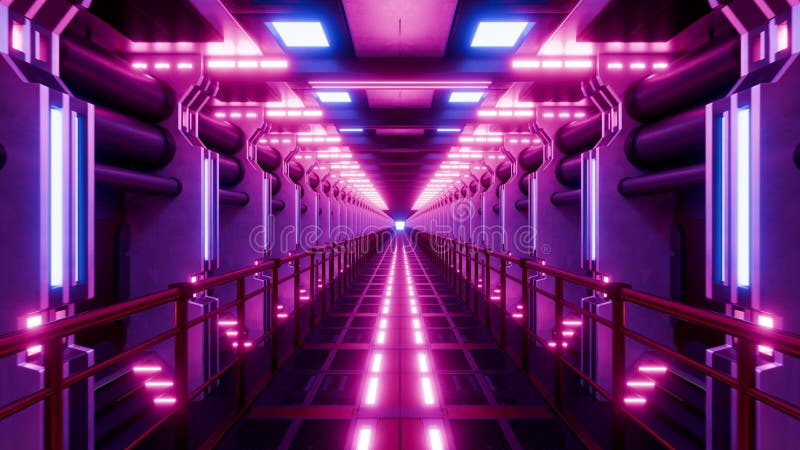 3D Loop of Futuristic Illuminated Elevated Walkway and Pipes in Factory ...