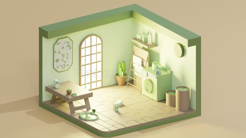 3D Loop Low Poly of Laundry Room Painted Green, Isometric View Stock ...