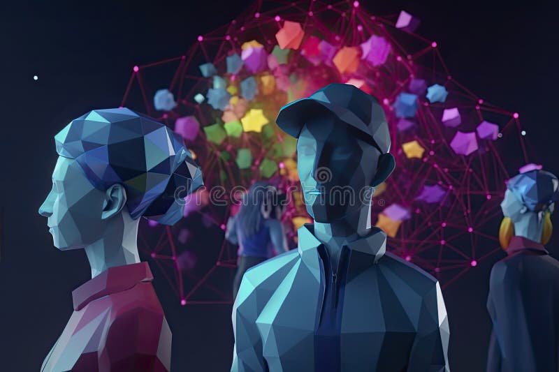3d Low-poly Avatars Connected Together on an Abstract World. Metaverse ...