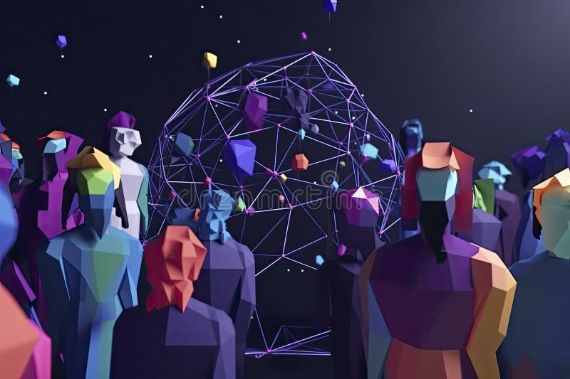 3d Low-poly Avatars Connected Together on an Abstract World. Metaverse ...