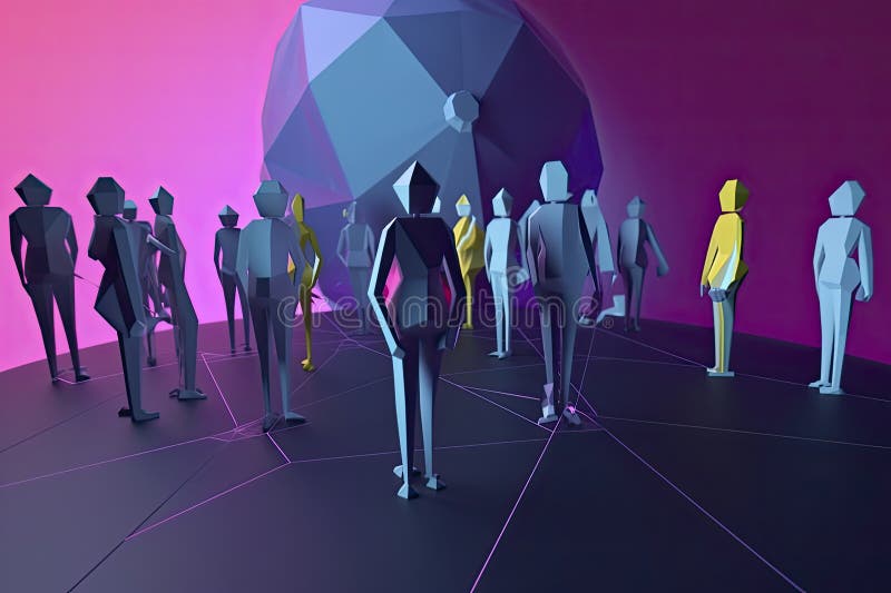 3d Low-poly Avatars Connected Together on an Abstract World. Metaverse ...