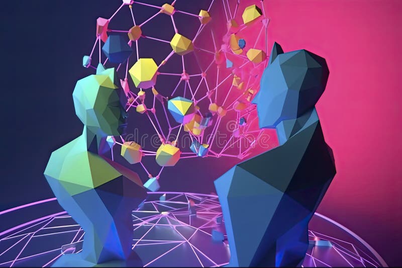 3d Low-poly Avatars Connected Together on an Abstract World. Metaverse ...