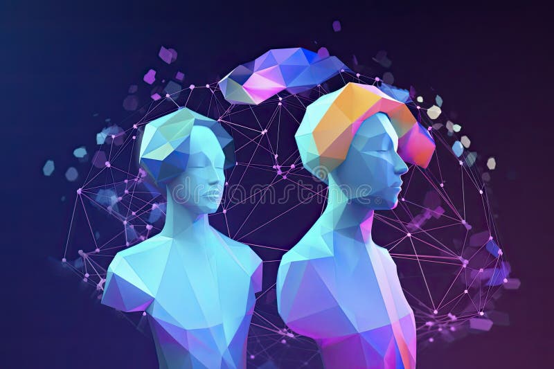 3d Low-poly Avatars Connected Together on an Abstract World. Metaverse ...