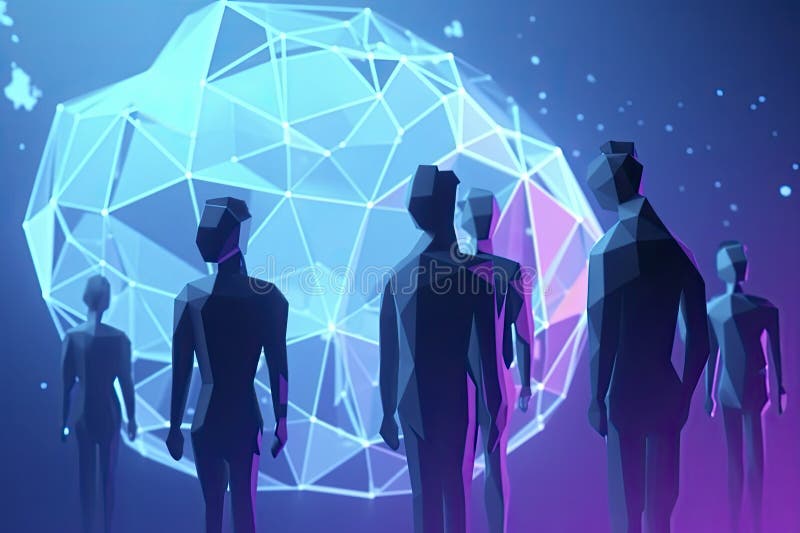 3d Low-poly Avatars Connected Together on an Abstract World. Metaverse ...