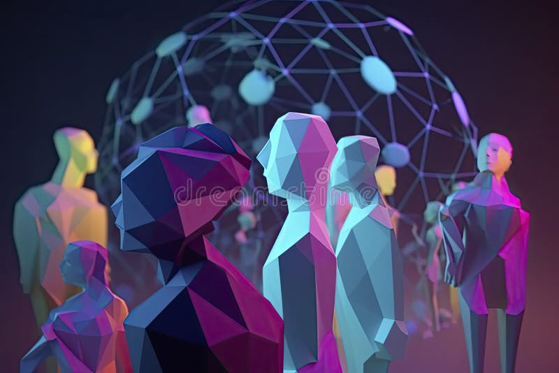 3d Low-poly Avatars Connected Together on an Abstract World. Metaverse ...