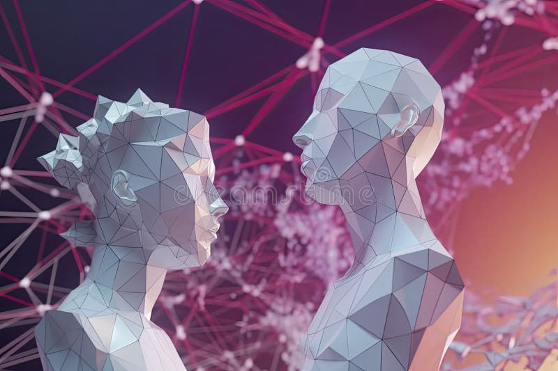 3d Low-poly Avatars Connected Together on an Abstract World. Metaverse ...