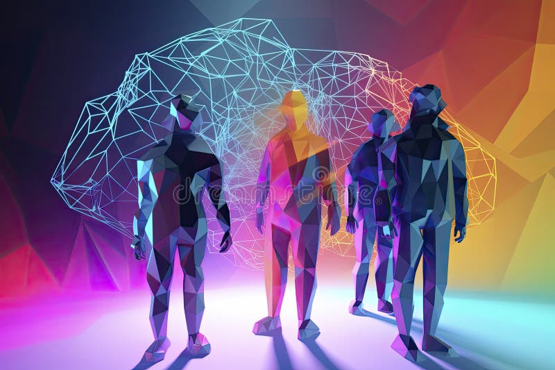 3d Low-poly Avatars Connected Together on an Abstract World. Metaverse ...