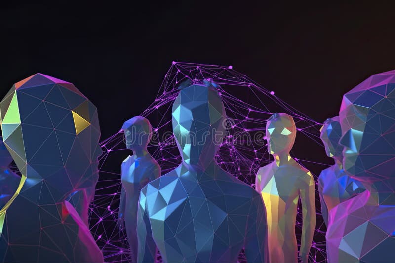 3d Low-poly Avatars Connected Together on an Abstract World. Metaverse ...