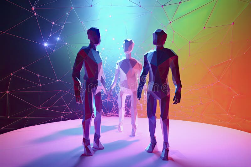 3d Low-poly Avatars Connected Together on an Abstract World. Metaverse ...