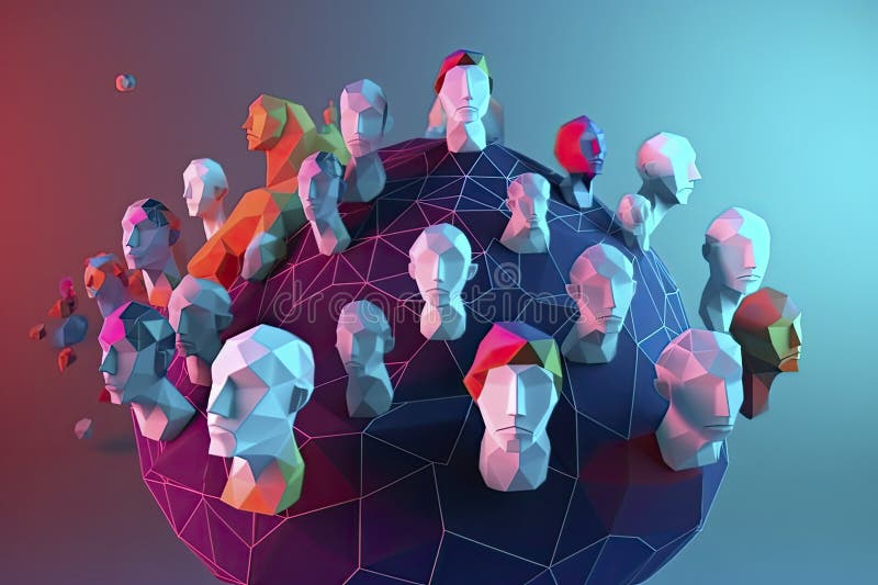 3d Low-poly Avatars Connected Together on an Abstract World. Metaverse ...