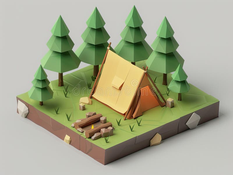 3D Low Poly Illustration of a Camping Scene with a Tent, Campfire, and ...