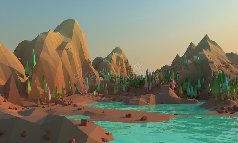 3d Rendering of Low Poly Landscape Whith Mountains and Water at ...