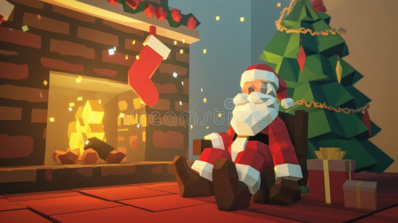 3d Low-poly Santa Relaxing by Fireplace with Christmas Tree and Gifts ...