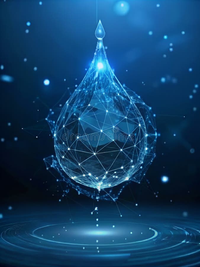 3D Low Poly Water Drop with Network Connections, Blue Background Stock ...