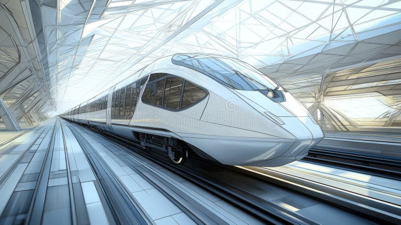 3D Low Poly Wireframe of Modern Train at Railway Station or Metro ...