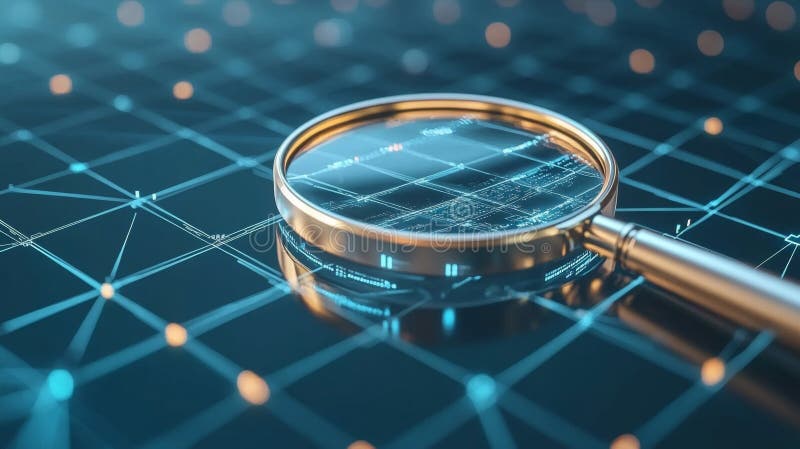 3D Magnifying Glass Highlighting Key Data Points on Grid Surface Stock ...