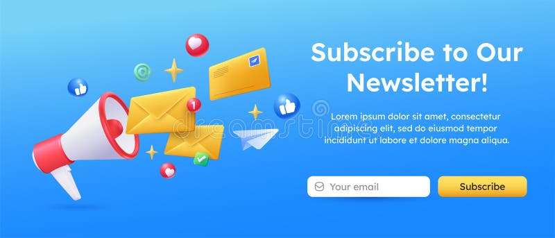 3d Mail Envelope and Megaphone Subscribe To Newsletter Banner Stock ...