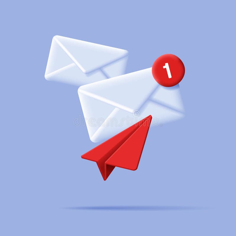 3D Mail Envelope and Paper Plane and Notification Message Red Circle ...