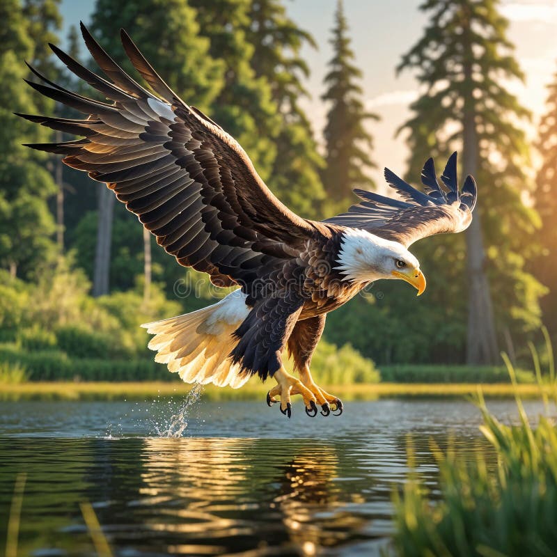 3D Majestic Eagle Hunting Over a Serene Lake at Sunset Stock ...