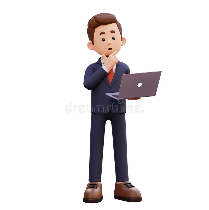 3d Male Character Thinking and Working on a Laptop Stock Image ...