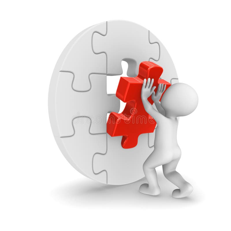3d Man Assembling Final Red Puzzle Piece. Stock Illustration ...