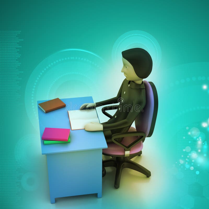 3d Man with Books at Table Study Stock Illustration - Illustration of ...