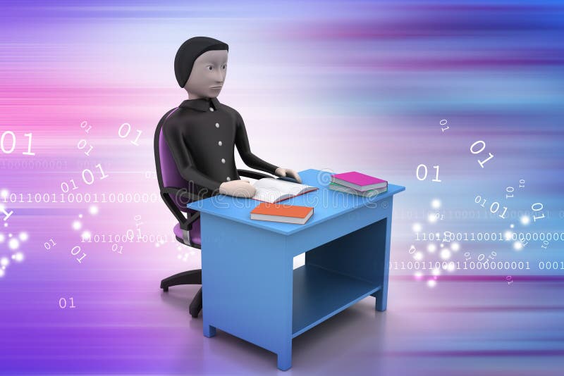 3d Man with Books at Table Study Stock Illustration - Illustration of ...