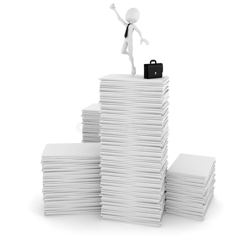 3d Man Businessman on a Pile of Blank Documents Stock Illustration ...
