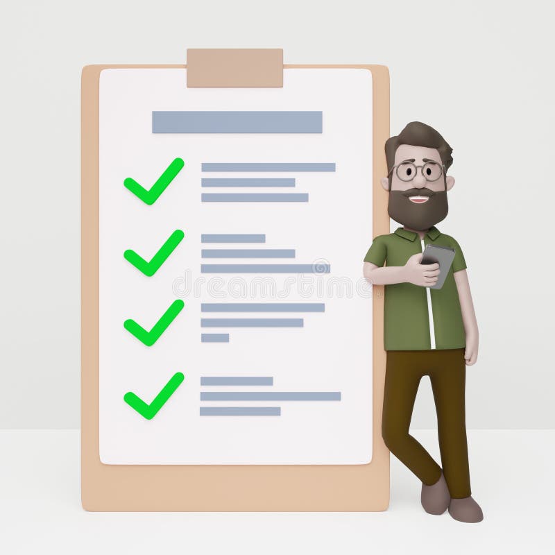 3D Man Checklist Happy Mobile Phone Task Management Stock Illustration ...