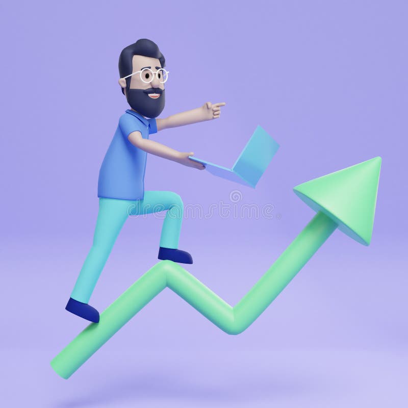 3D Man Growth Graph Trending Positive Gaining Happy Digital Marketing ...