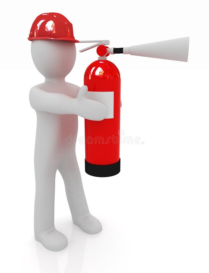 3d Man in Hardhat with Red Fire Extinguisher Stock Illustration ...