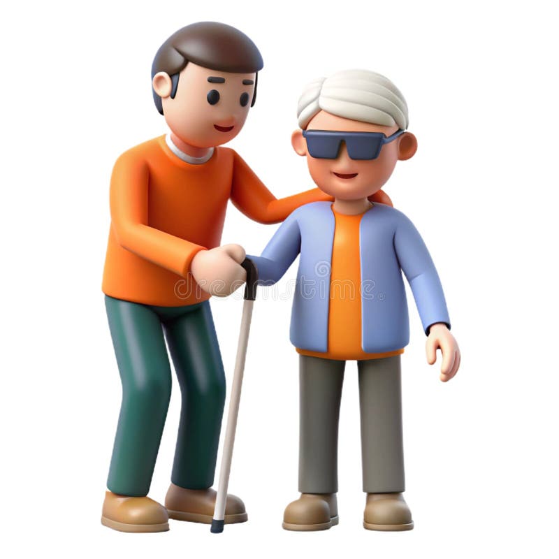 3D Man Helping Older Blind Man Isolated on White Stock Illustration ...