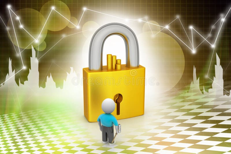 3D Man Holding a Key and Padlock Stock Illustration - Illustration of ...
