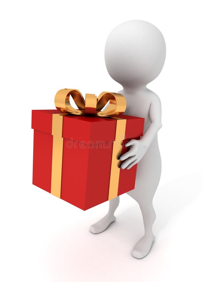 3D Man Holding Red Gift Box with Golden Ribbon Bow Stock Illustration ...