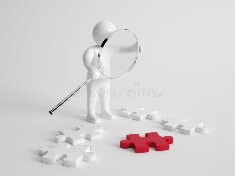 3d Man with a Magnifying Glass and Puzzle Pieces Stock Illustration ...