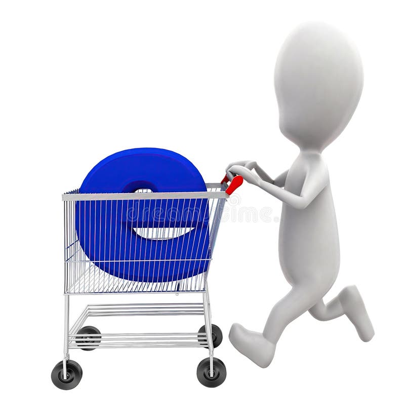 3d Man Moving Trolley with E Text on it Concept Stock Illustration ...