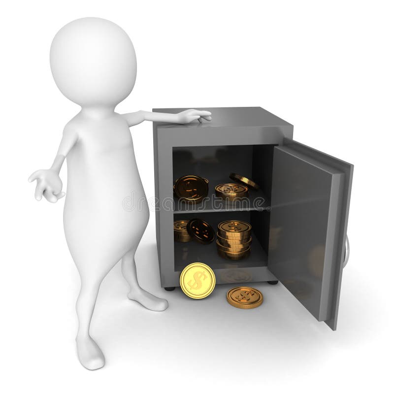 3d Man with Opened Bank Safe and Golden Dollar Coins Stock Illustration ...