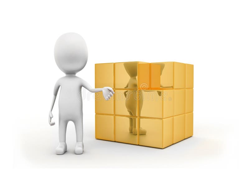 3d Man Presenting a Row of Golden Boxes Concept Stock Illustration ...