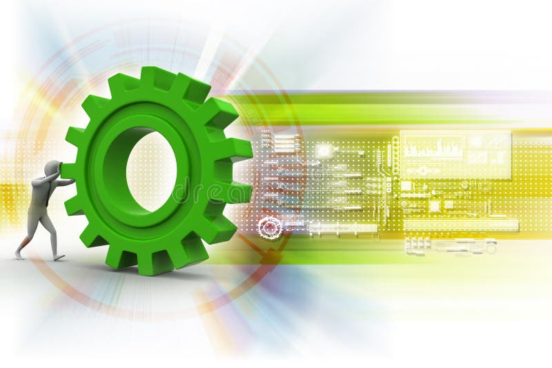3d man pushing the gear stock illustration. Illustration of machinery ...