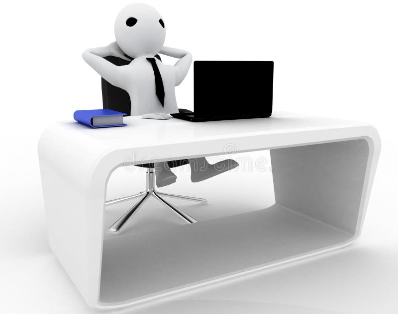 3d Man Relaxing in Office on Chair with Laptop and Book on Table ...