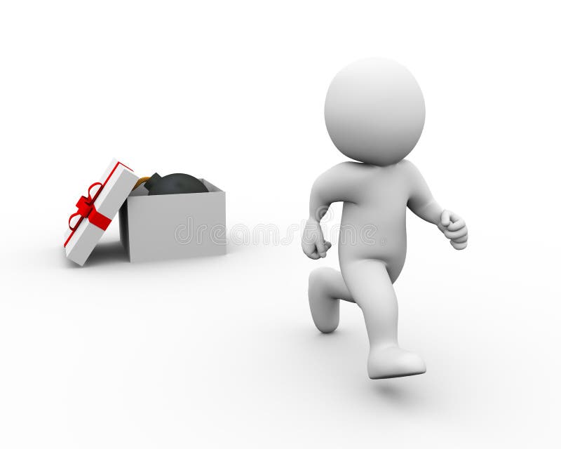 3d Man Running from Bomb in Gift Box Stock Illustration - Illustration ...