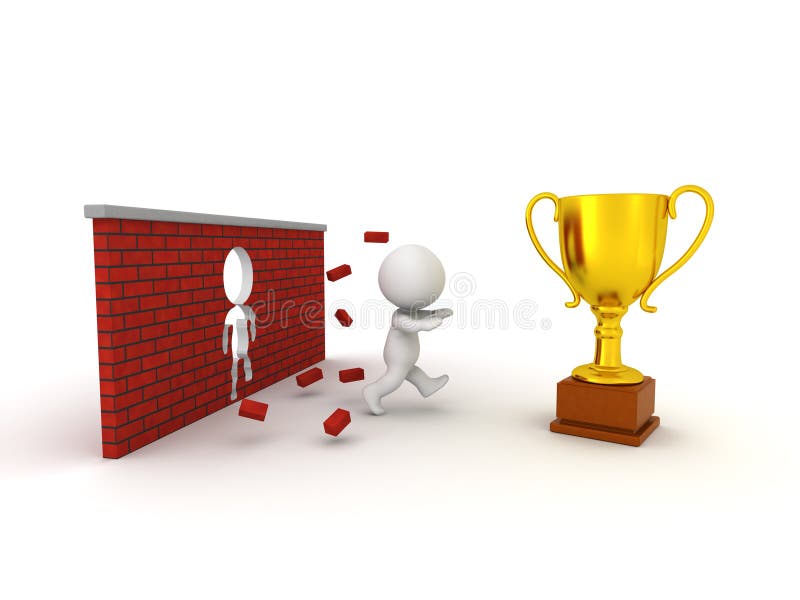 3D Man Running through Brick Wall To Get Gold Trophy Stock Illustration ...