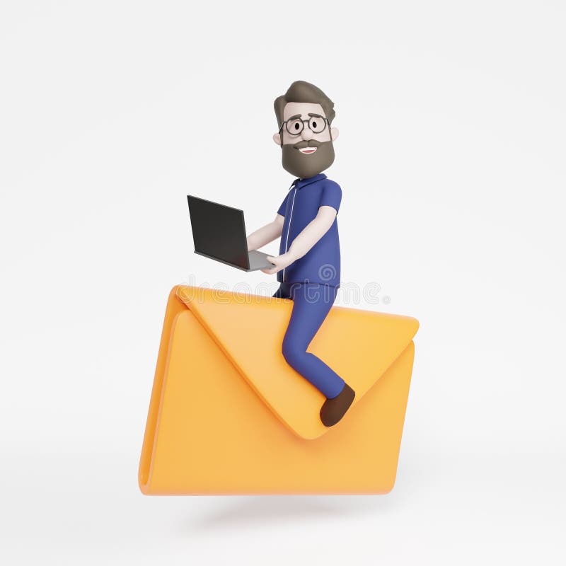 3D Man Sending Mail Laptop Working Stock Illustration - Illustration of ...