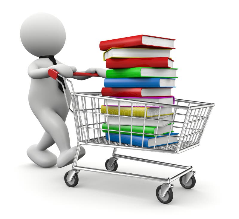 3d Man with Shopping Trolley and Books Stock Image - Image of land ...