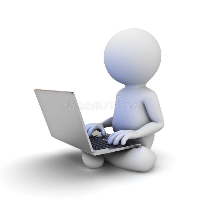 3d Man Sitting on White Ground and Using Laptop Computer on His Lap ...