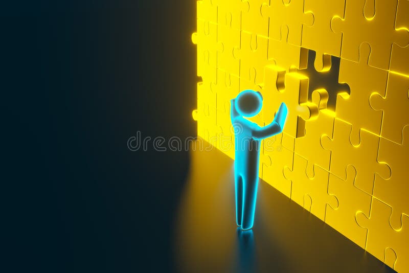 3d Man, Small Person Inserting Last Part of a Puzzle. 3d Rendering ...